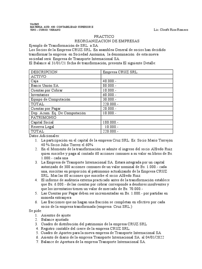 Transformación de SRL a SA: Ejemplo Práctico | PDF | Contabilidad | Business