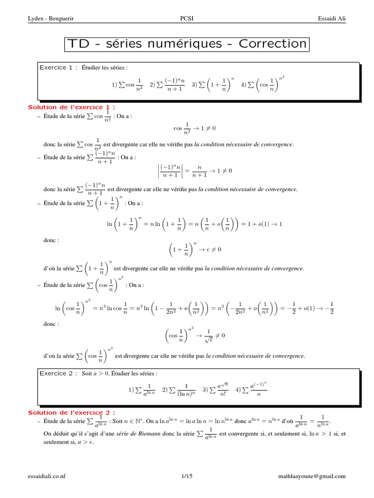TD - Séries Numériques - Correction | PDF | Mathématiques | Analyse mathématique