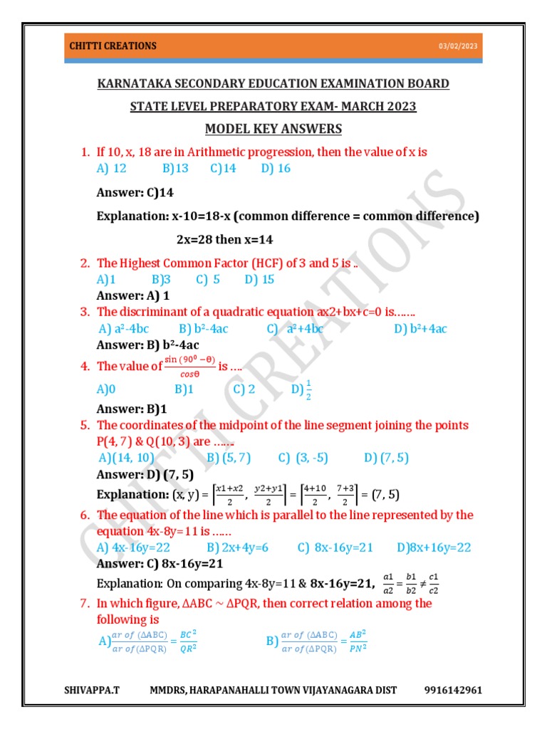 SSLC Maths Key 2023 EM | PDF | Triangle | Quadratic Equation