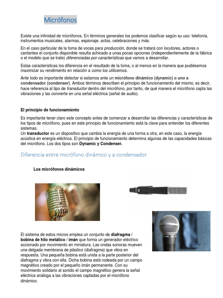 Tipos de micrófonos y sus usos | PDF | Micrófono | Ingenieria Eléctrica