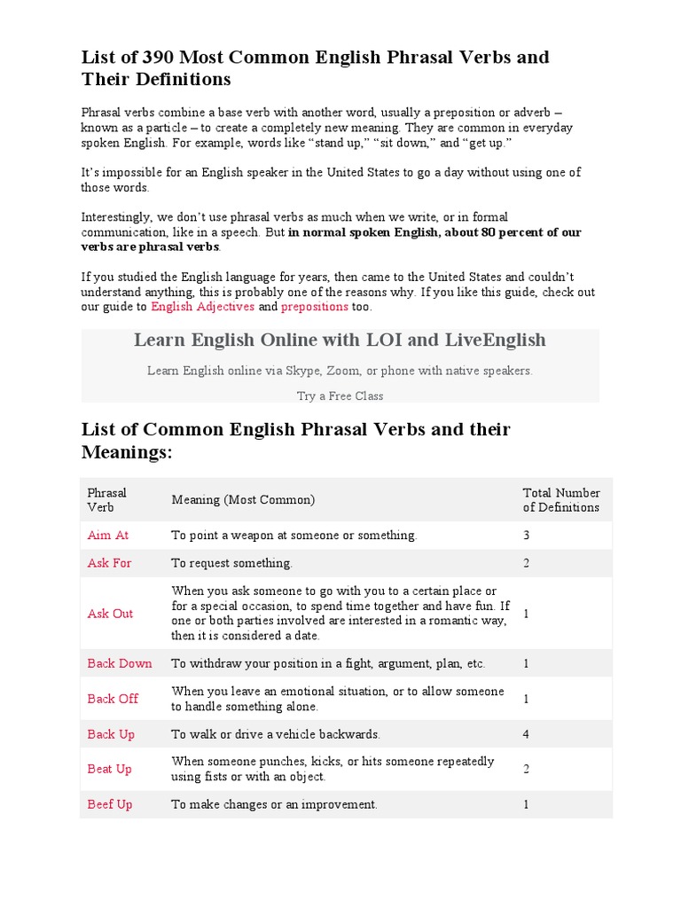 A Comprehensive Guide to 390 Common English Phrasal Verbs and Their Definitions | PDF | English ...