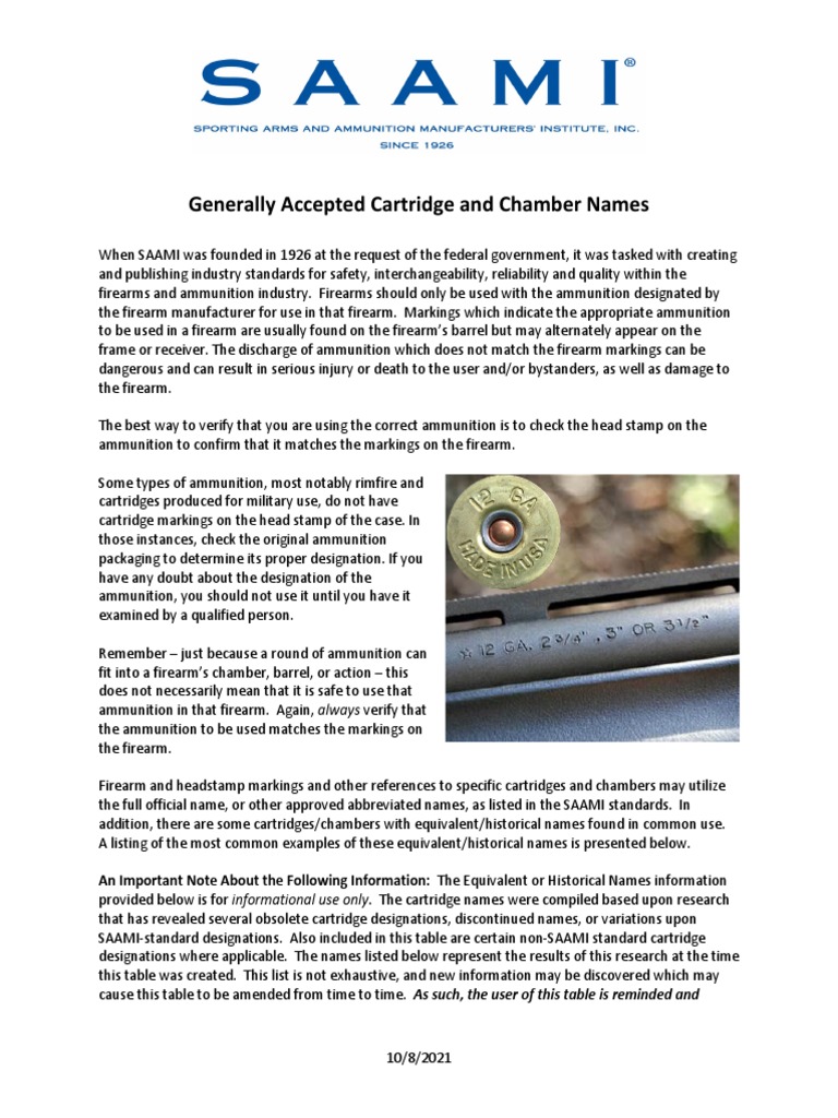 SAAMI Generally Accepted Cartridge and Chambers 10 8 2021 | PDF