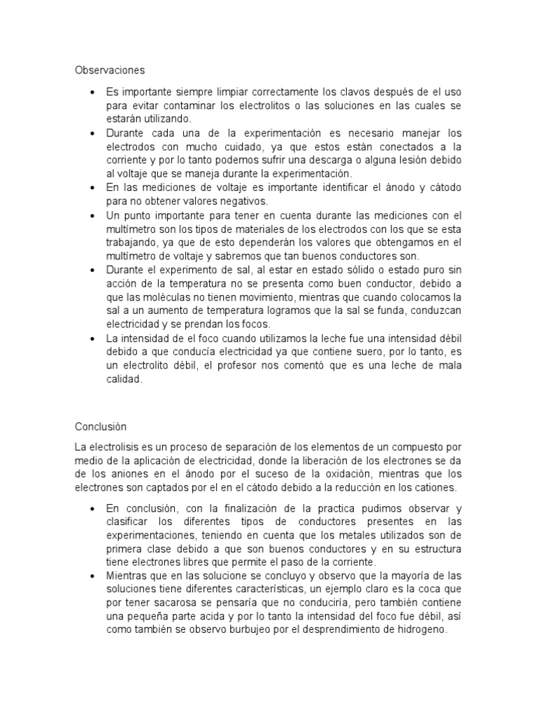 Conductividad y electrolitos en experimentos | PDF | Electrodo | Sal ...