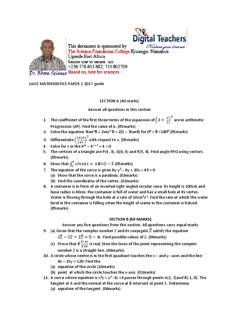 UACE MATHEMATICS PAPER 1 2017 Marking Guide 1 | PDF | Circle | Equations