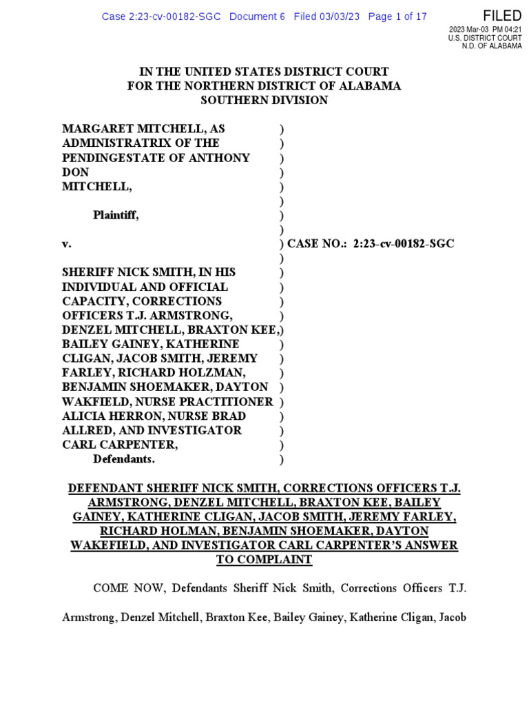 Walker County Sheriff's Office Answer To Complaint March 3, 2023 | PDF | Punitive Damages | Damages