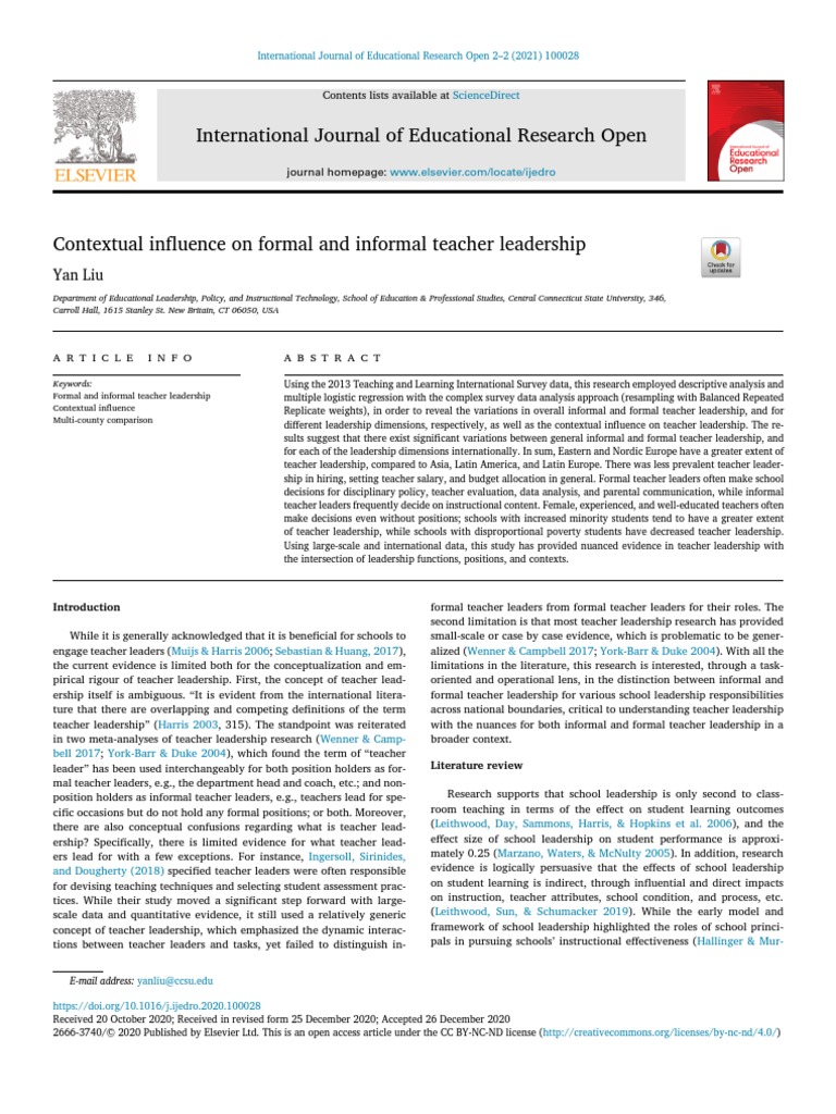 Contextual Influence On Formal and Informal Teacher Leadership | PDF ... Contextual Influence On Formal and Informal Teacher Leadership | PDF ...