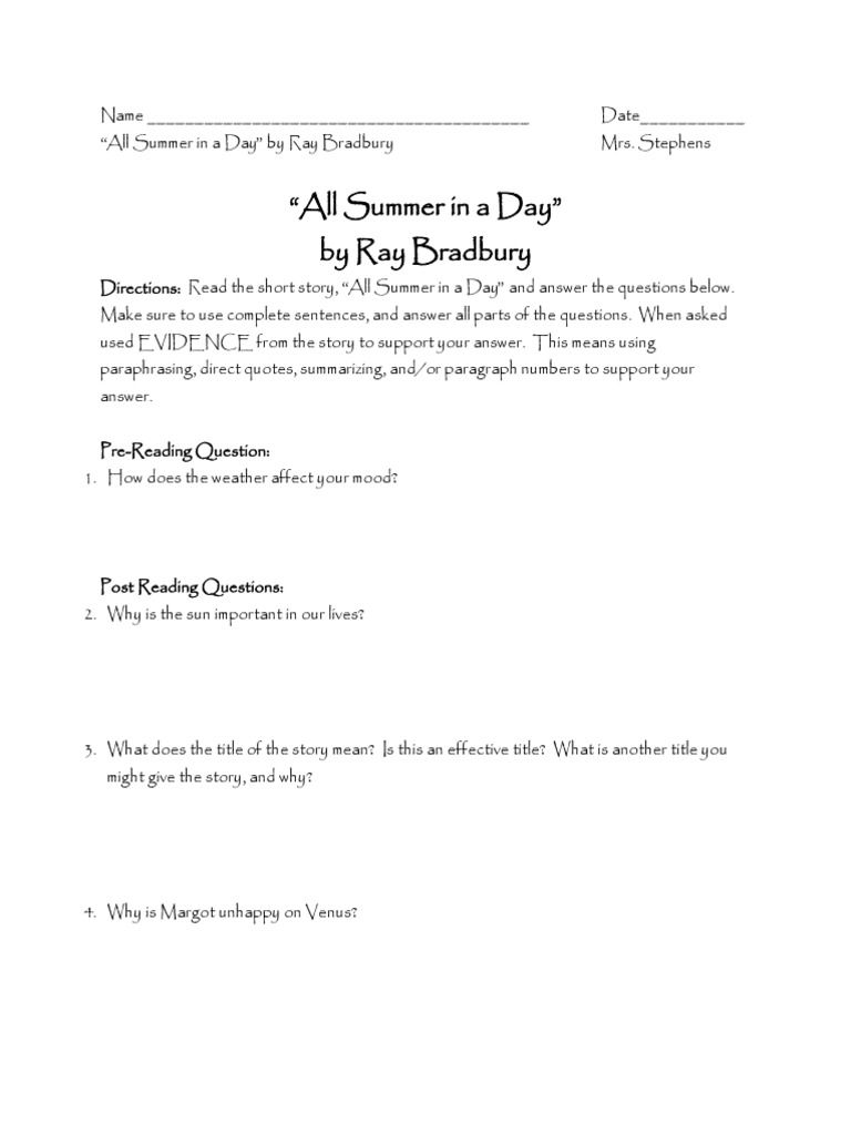 All Summer in A Day Questions | PDF