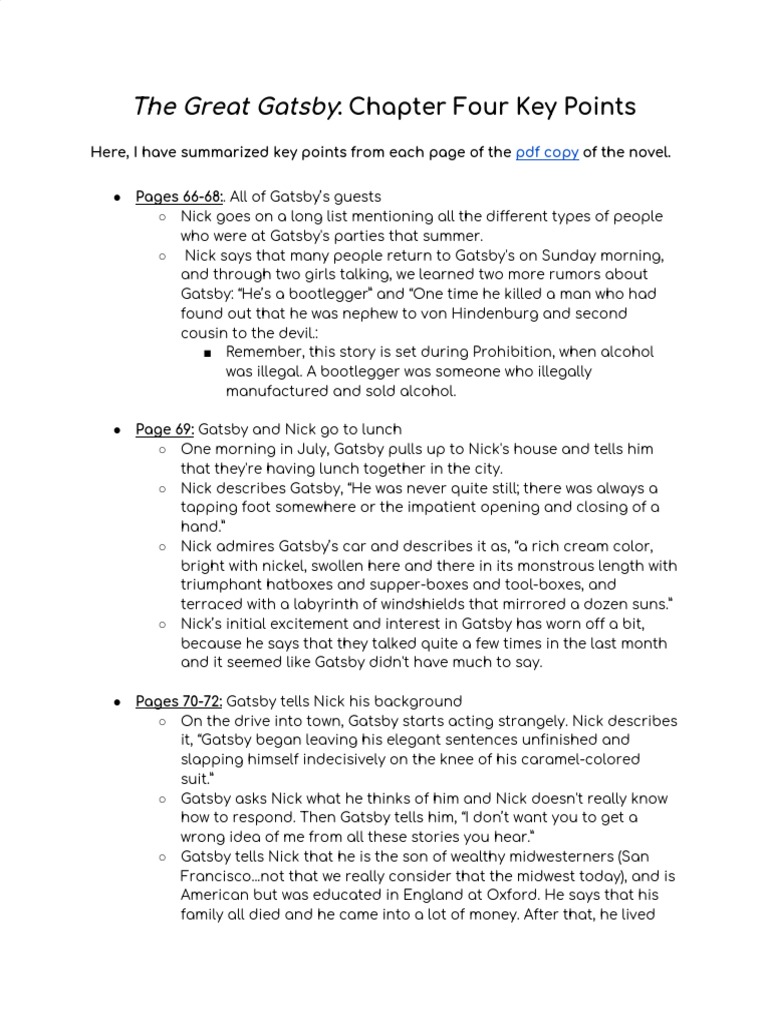 Key Points from Chapter Four Summary | PDF | The Great Gatsby