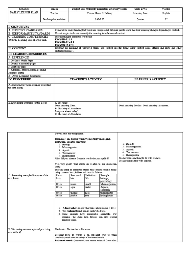 Understanding Borrowed Words, Roots, Affixes and Context Clues to Infer Meaning | PDF | Teachers ...