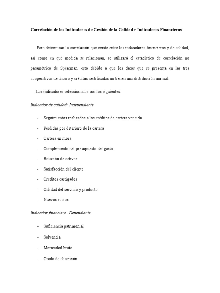 Objetivo 4 Correlacion Indicadores | PDF | Calidad (comercial) | Bancos