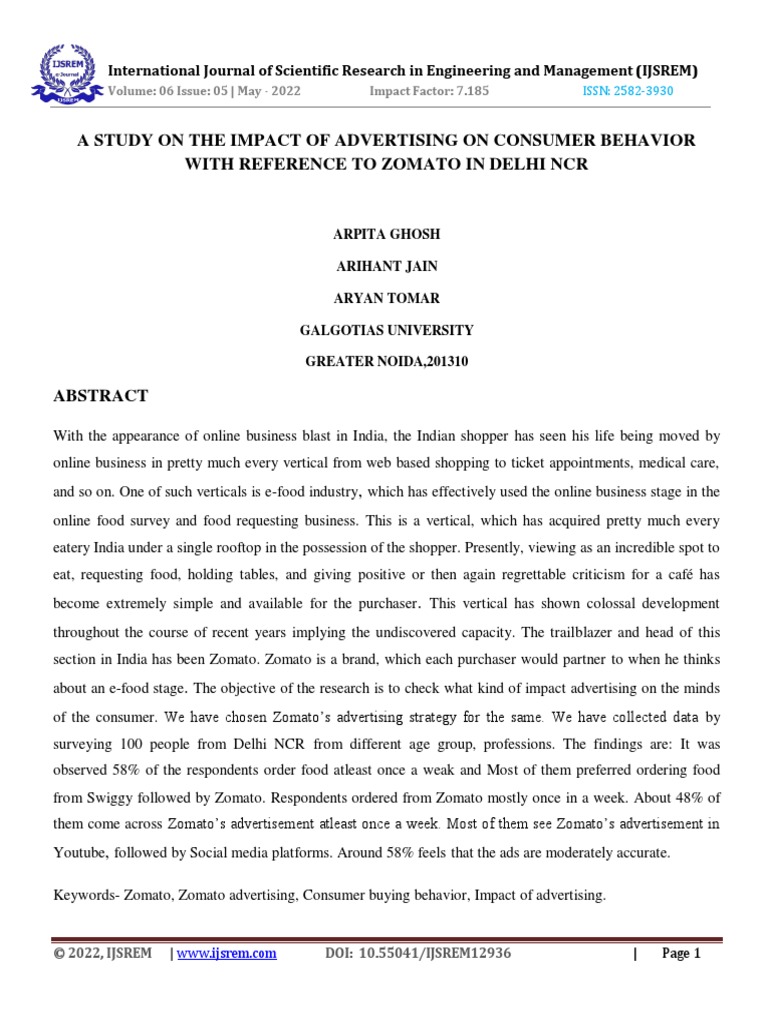 A Study On The Impact of Advertising On Consumer Behavior With Reference To Zomato in Delhi NCR ...