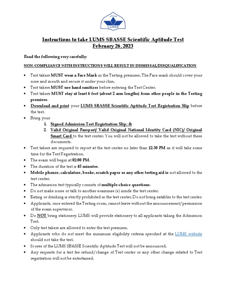 Instructions To Take LUMS SBASSE Scientific Aptitude Test - F | PDF