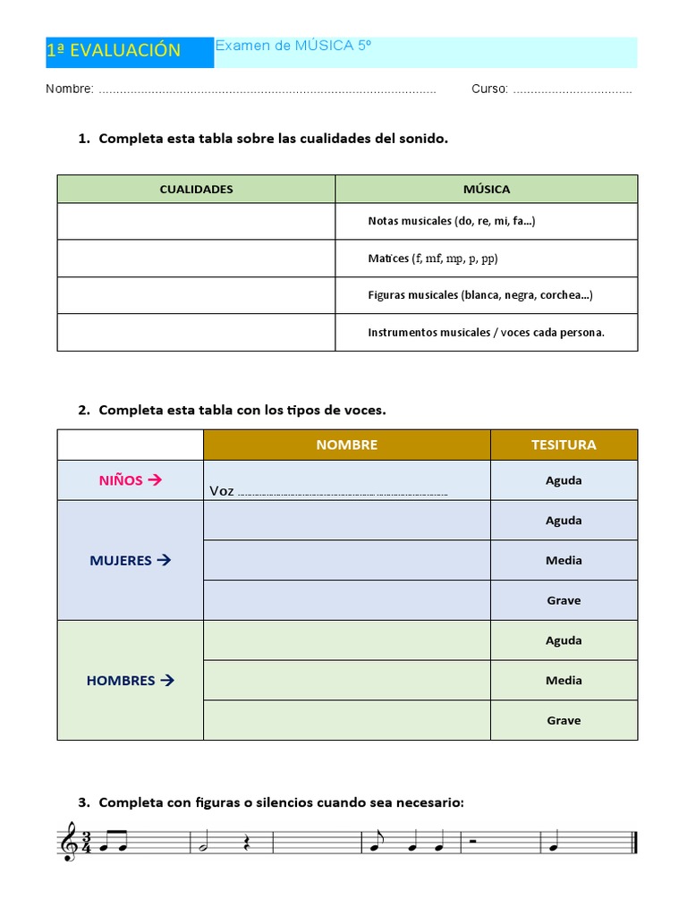 Examen Música 5º - 1 Ev | PDF | Notación musical | Composiciones Musicales