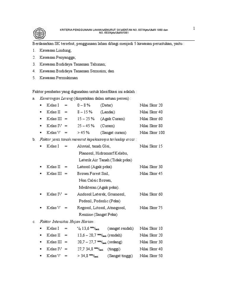 Kriteria Penggunaan Lahan Mnurut SK Mentan No.837 TH 1980 | PDF