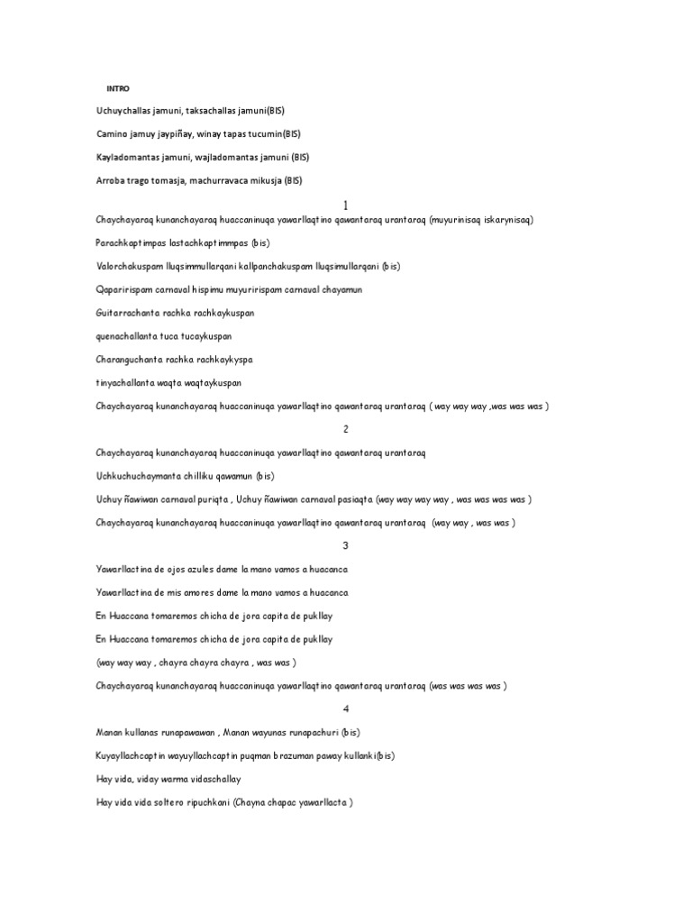 Letra Huaccana - Chincheros - Apurimac | PDF