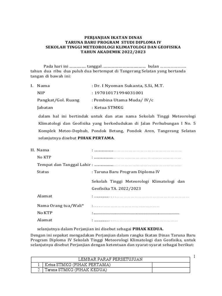 FORM. 1. Surat Perjanjian Ikatan Dinas-STMKG | PDF