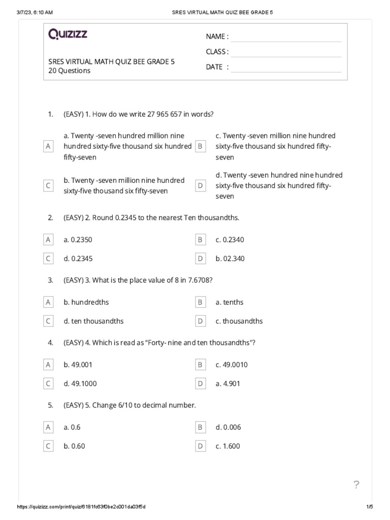Sres Virtual Math Quiz Bee Grade 5 | PDF | Numbers | Mathematical Notation