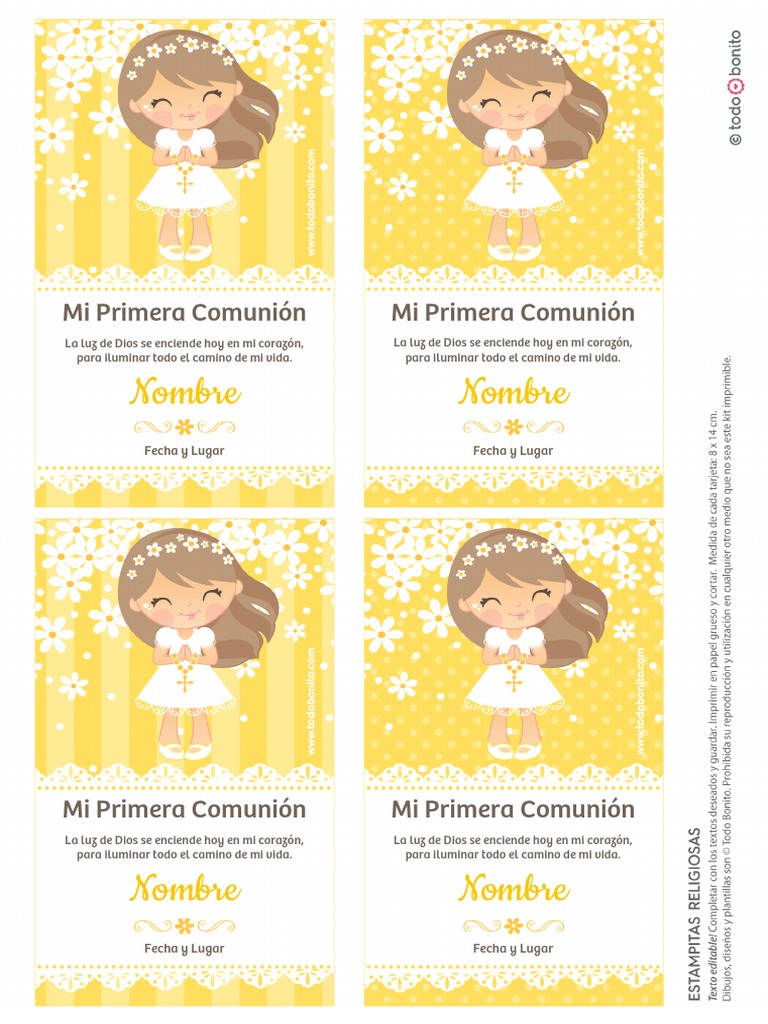 Comunion Margaritas Amarillo Estampita MOD1 8x14cm TEXTO EDITABLE | PDF ...