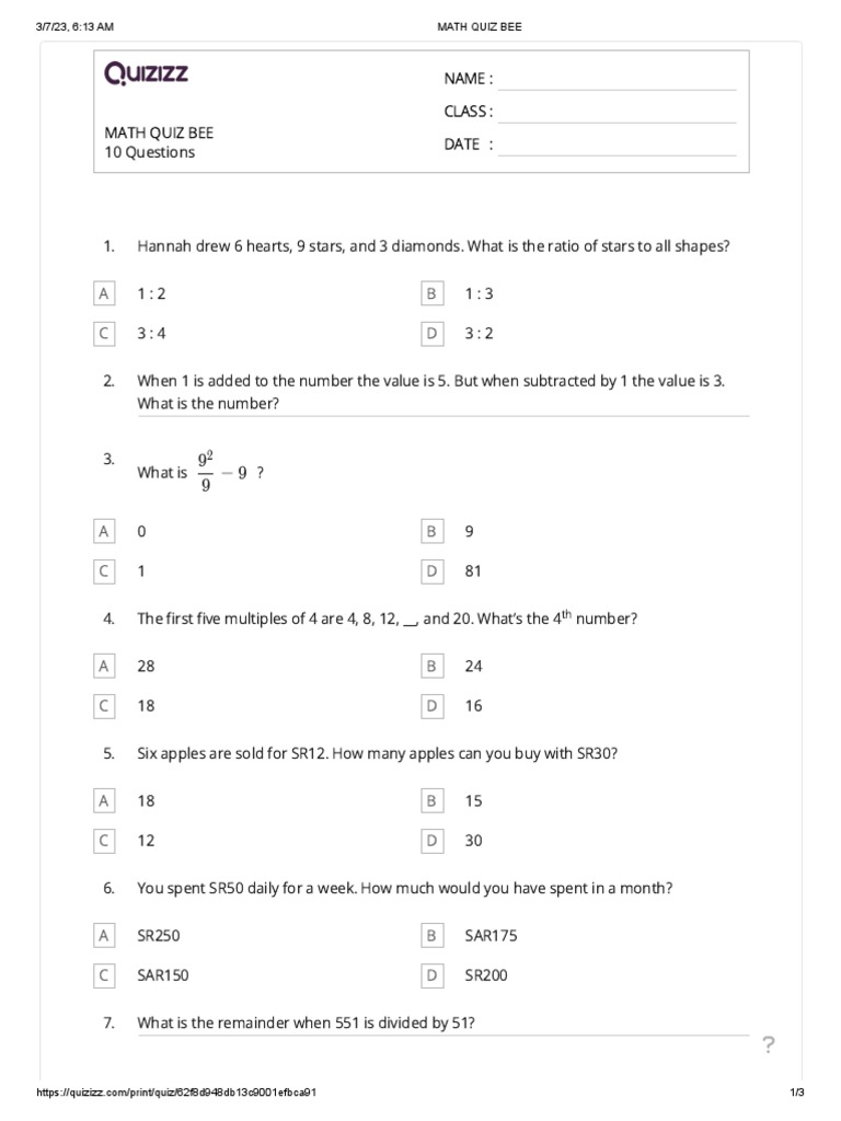 Math Quiz Bee | PDF | Mathematical Objects | Mathematics