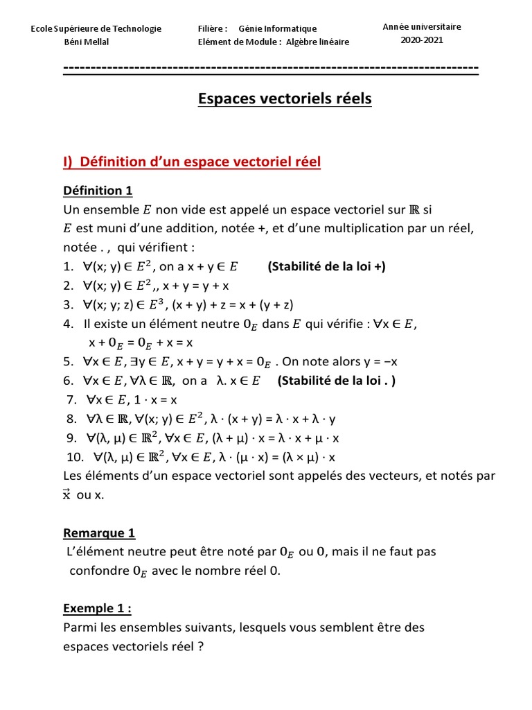 6 Espace - Vectoriel Cours 1 | PDF | Espace vectoriel | Base (algèbre linéaire)