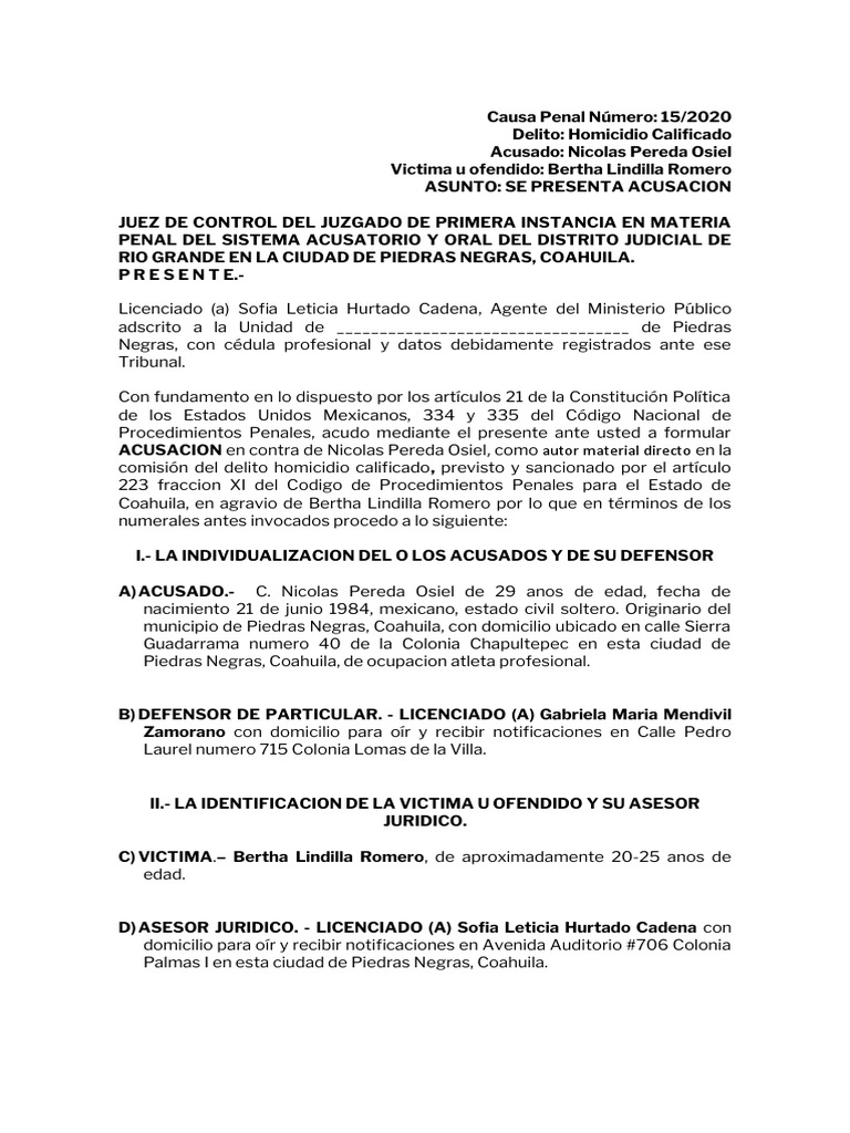 Formato Acusacion | PDF | Derecho penal | Homicidio