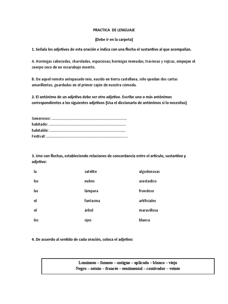 Práctica de lenguaje: Ejercicios sobre adjetivos, sustantivos ...