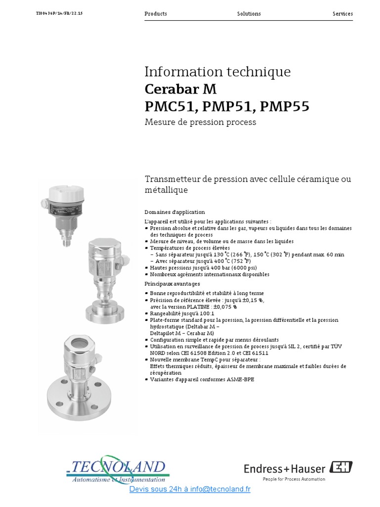 Fiche Technique Capteur Raccord Hygienique PMP55 Endress Hauser | PDF | Pression | Courant ...