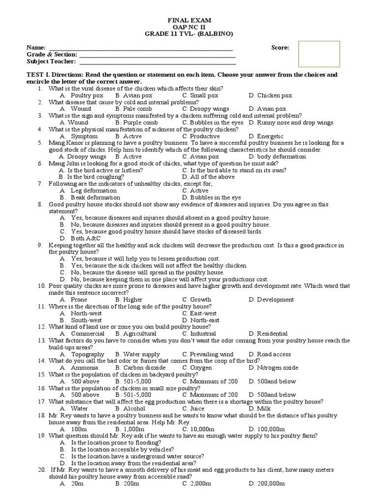 Oap 11 Summative Test | PDF | Chicken | Poultry Farming