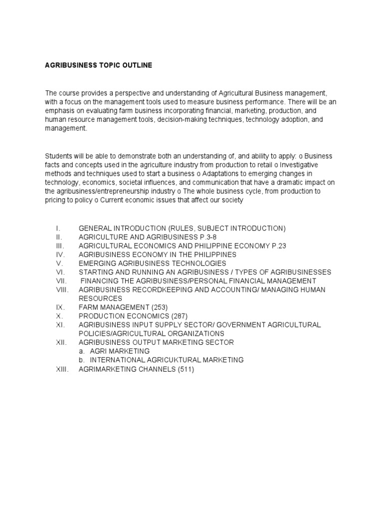 Agribusiness Topic Outline | PDF