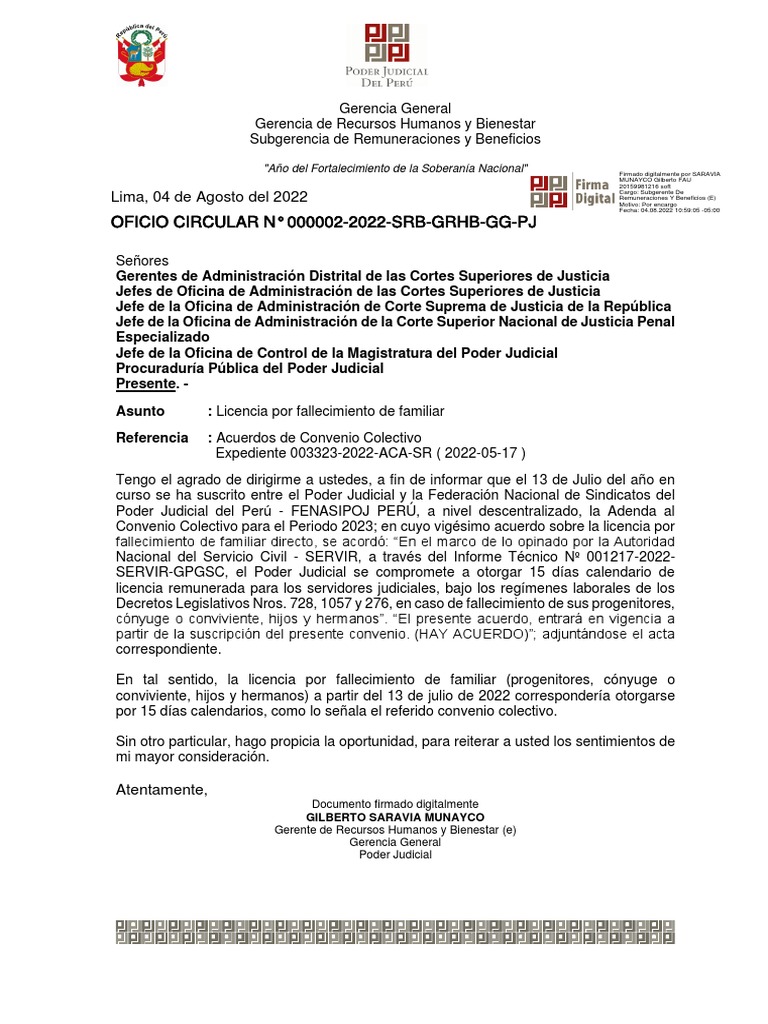 Licencia Por Fallecimiento Oficio Circular 000002 2022 SRB GRHB GG ...