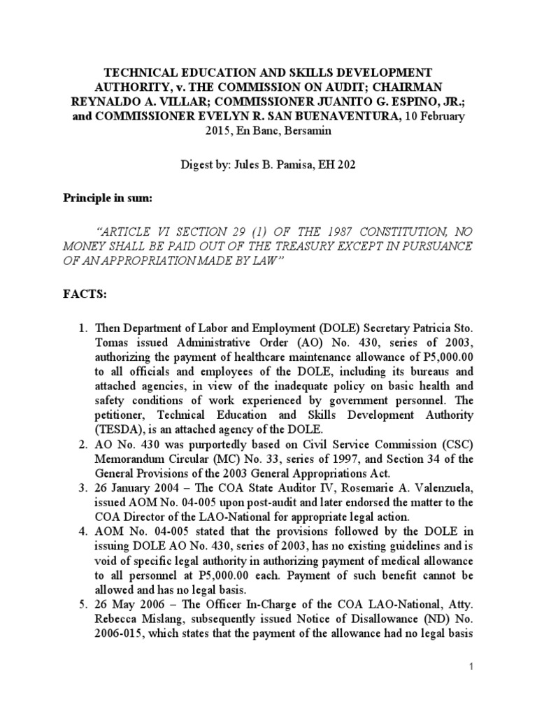 TESDA v. COA (2015), Pamisa, EH 202 | PDF | Unemployment Benefits ...