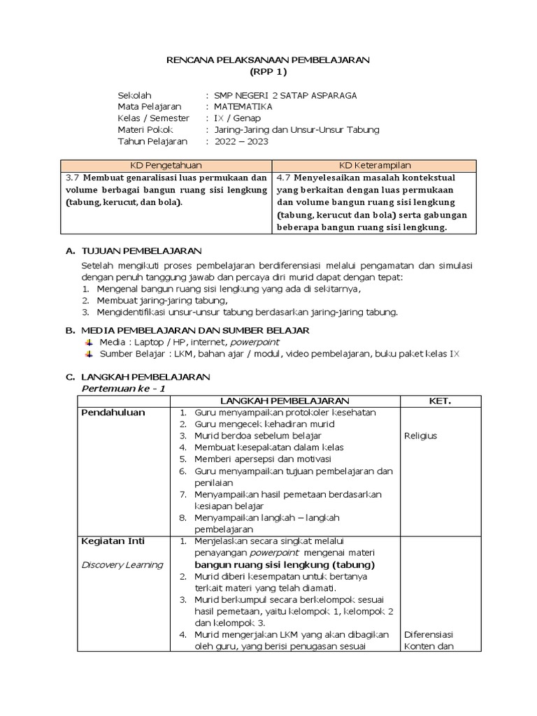 RPP Bangun Ruang Kelas 9: Tabung | PDF