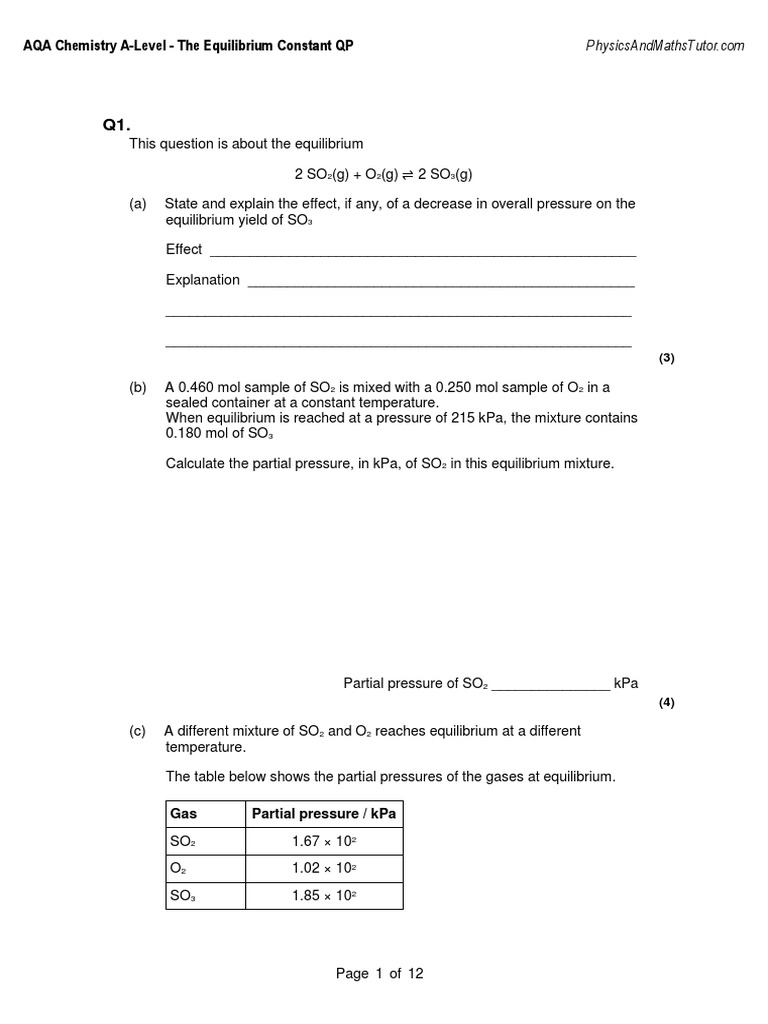 AQA Chemistry A-Level Equilibrium Constants | PDF | Chemical ...