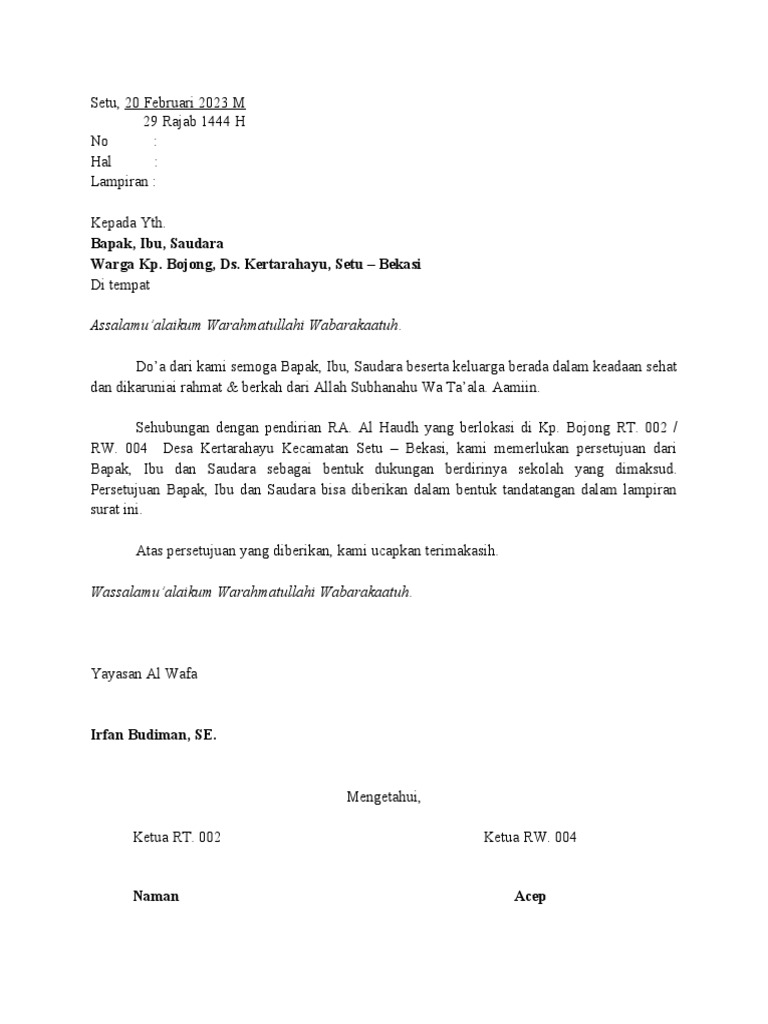 Dukungan Pendirian RA. Al Haudh Bekasi | PDF