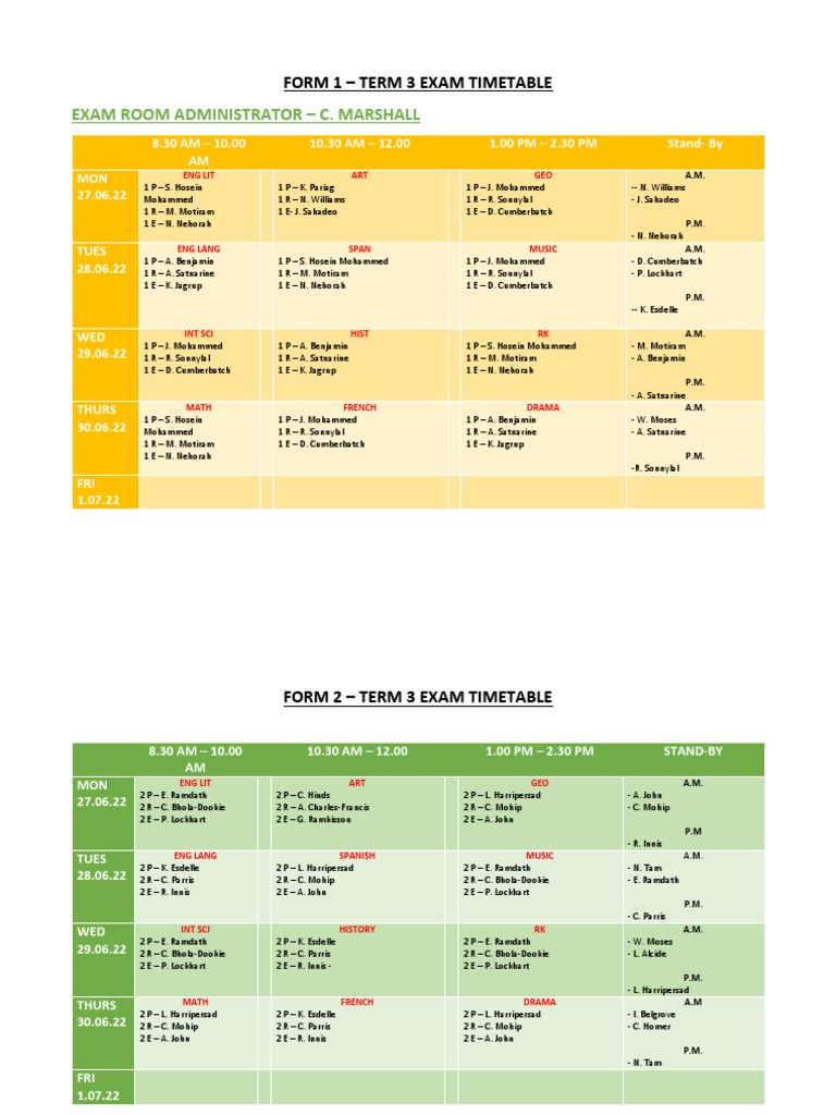 Term 3 Exam Time Table Draft 2022 | PDF