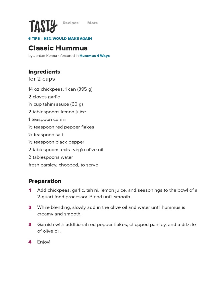 Classic Hummus Recipe Guide | PDF