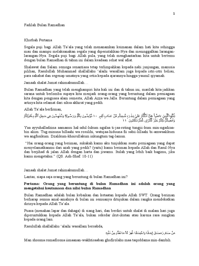 Contoh Naskah Khutbah Jumat Ramadhan Terbaik Singkat | PDF