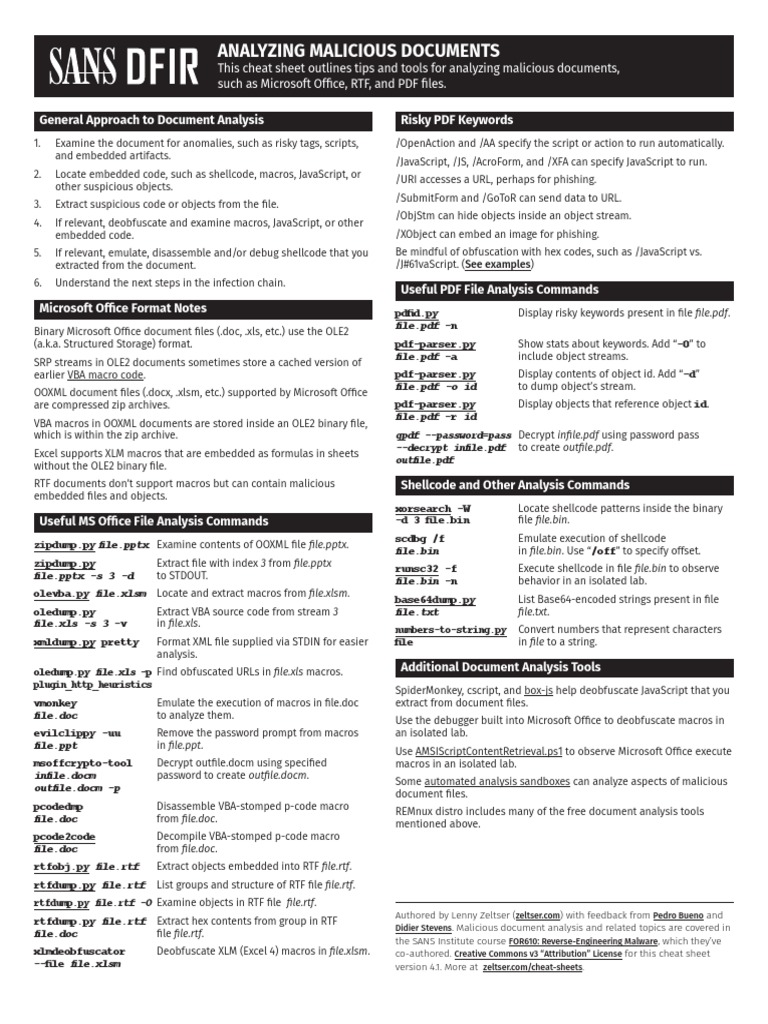 SANS Analysing Malicious Docs Cheat Sheet | PDF | Microsoft Excel | Java Script