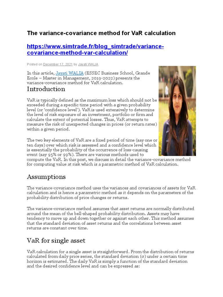 The Variance Covariance Method For Var Calculation Pdf