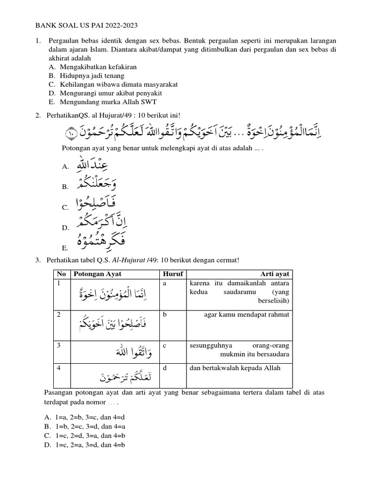 Bank Soal PAI 2022-2023 | PDF | Agama & Spiritualitas | Seni & Disiplin Bahasa
