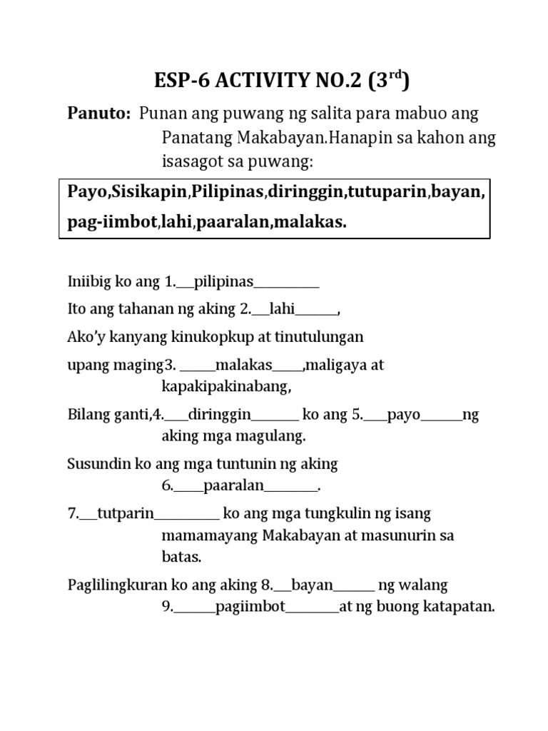 Esp-6 Activity No.2 (3) : Panuto: Punan Ang Puwang NG Salita para Mabuo ...