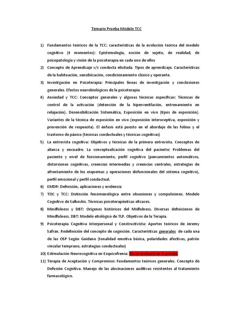 Temario Prueba Módulo TCC 2018 | PDF | Terapia de conducta cognitiva | Psicoterapia