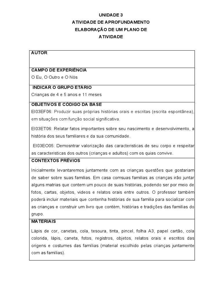 Modelo Atividade III - Plano de Atividades | PDF | Família | Caneta