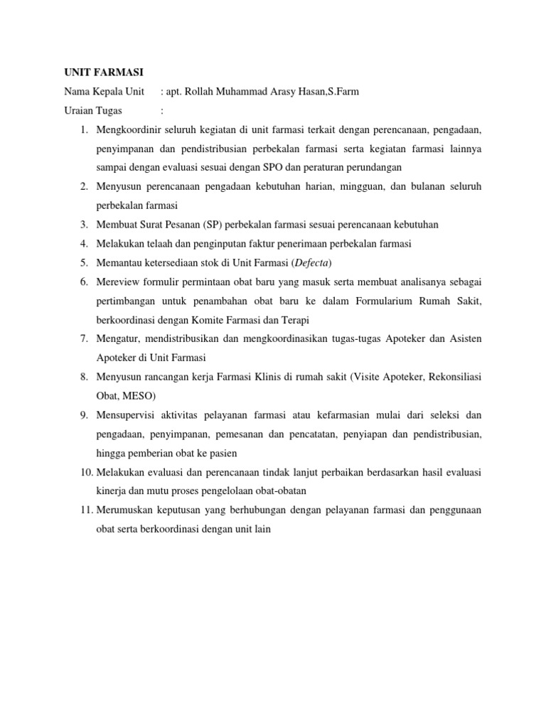 Tugas dan Tanggung Jawab Unit Farmasi | PDF | Pengembangan Diri ...