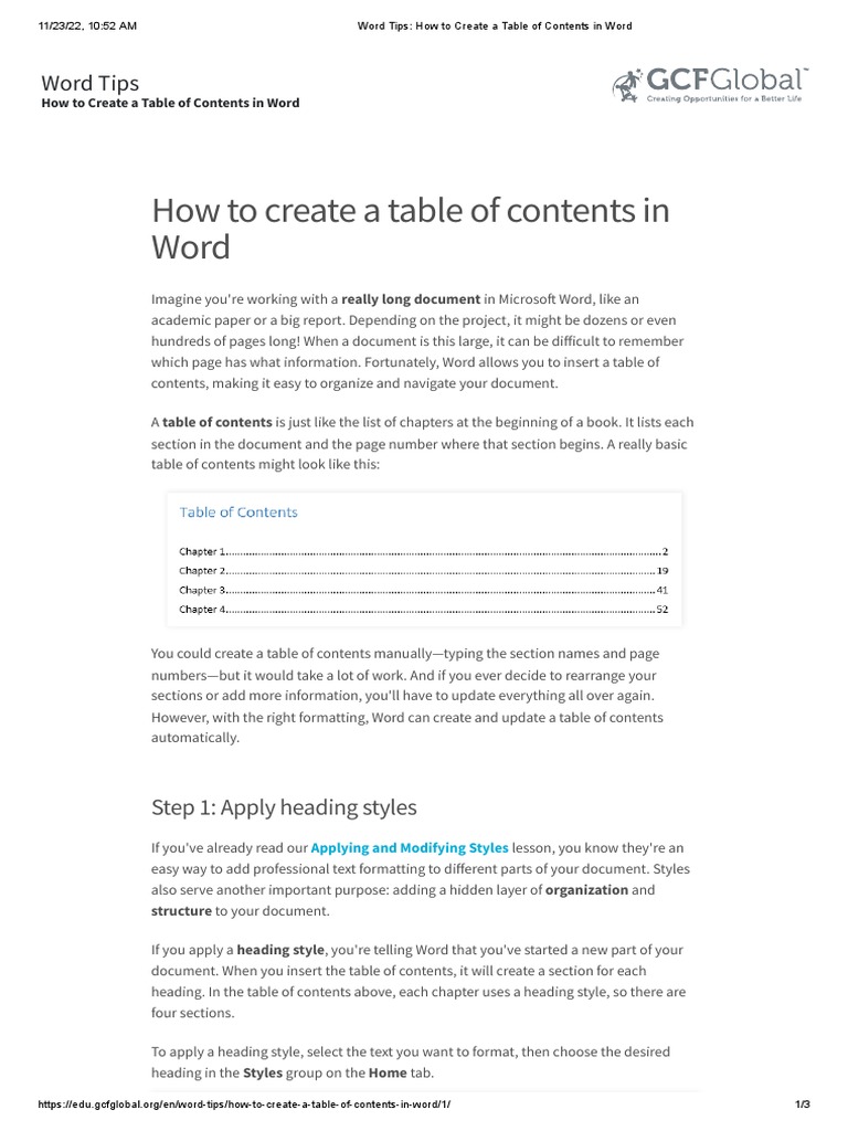 Creating a Table of Contents in Word | PDF | Table Of Contents ...