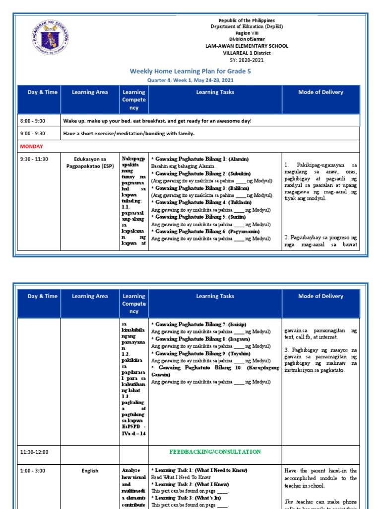 Grade 5 - All Subjects - WHLP - Q4 - W1 | PDF