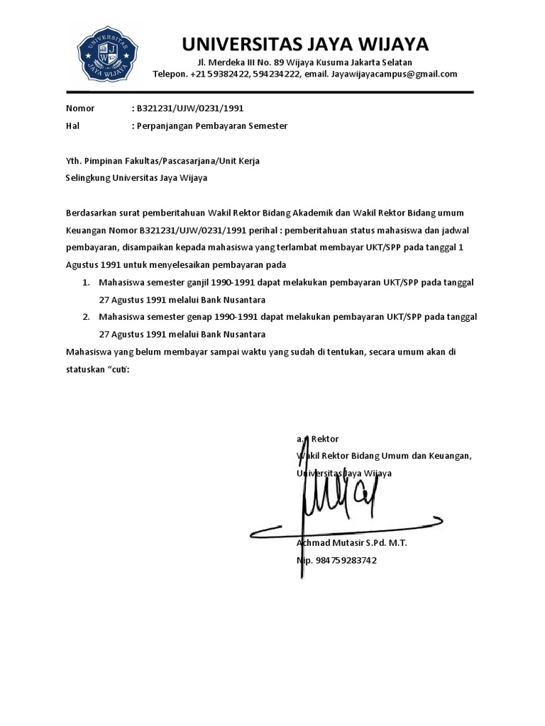Perpanjangan Pembayaran Semester UJW | PDF