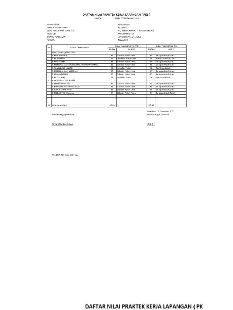 Nilai PKL Mo 2021 | PDF | Teknologi & Rekayasa