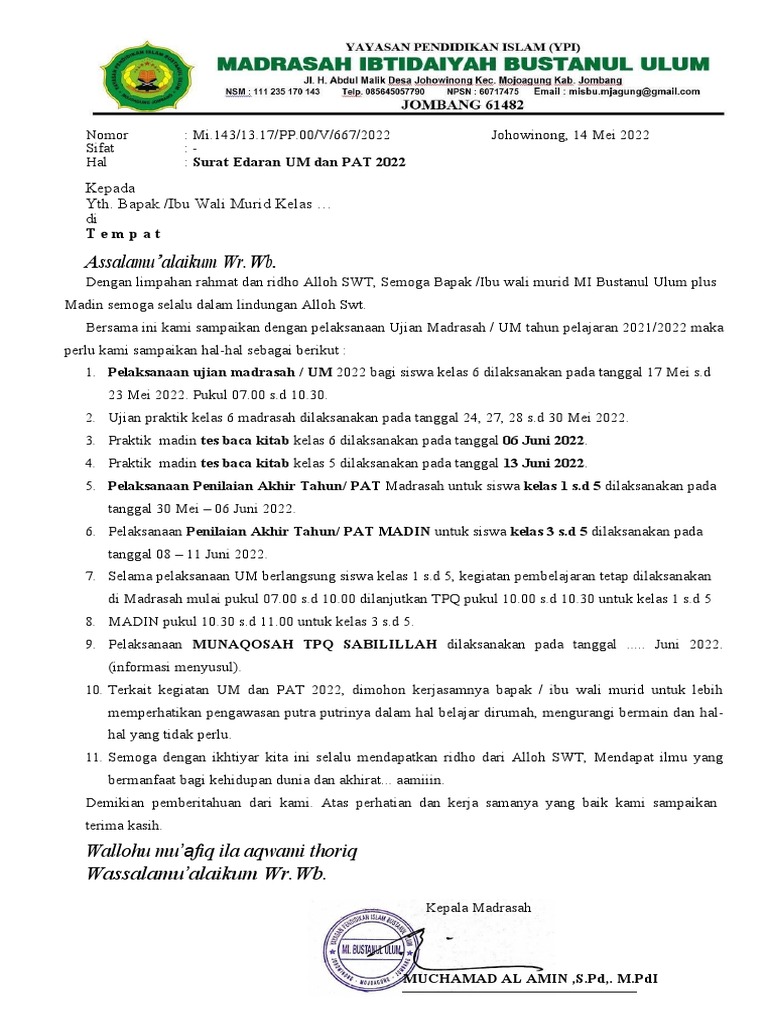 SURAT EDARAN KBM UM DAN PAT 21-22 Ok | PDF