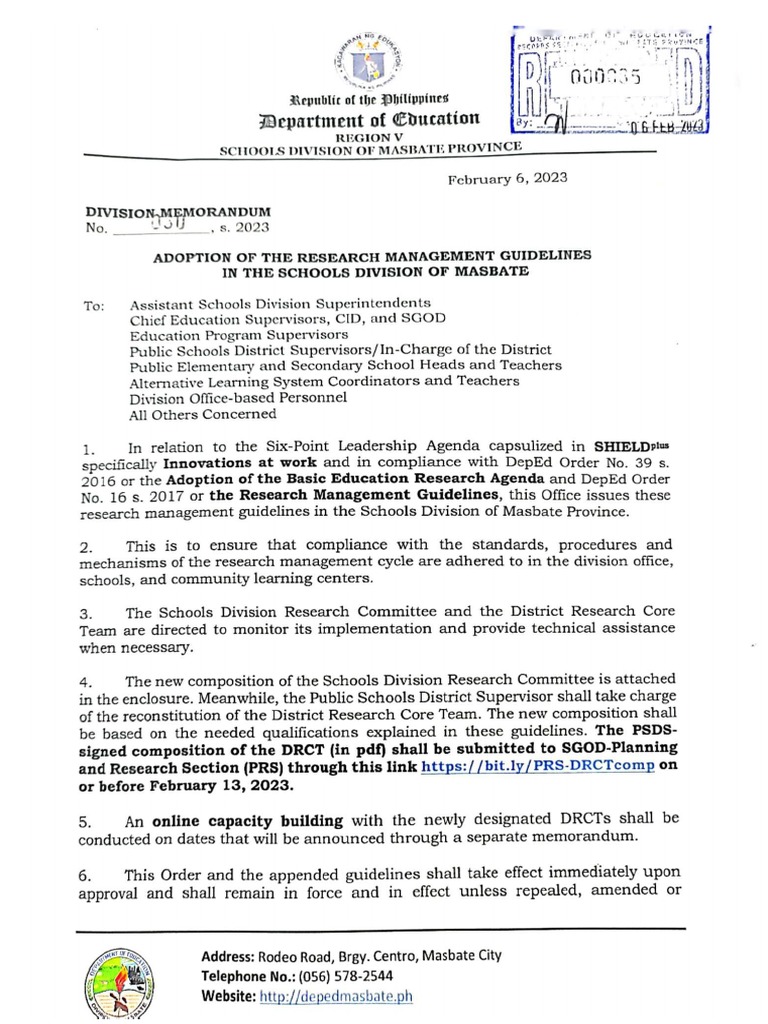 Div. Memo 30 S. 2023. Adoption of The Research Management Guidelines in SDO Masbate | PDF ...